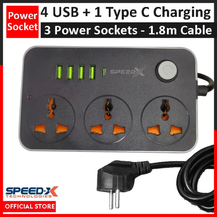 Speed-X Power Universal Travel Extension 3 socket+4 USB+ Type C ...