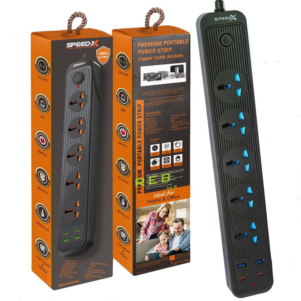 Speed-X Multi Power Plug Extension Board with 5 Sockets+ 2 USB Ports ...